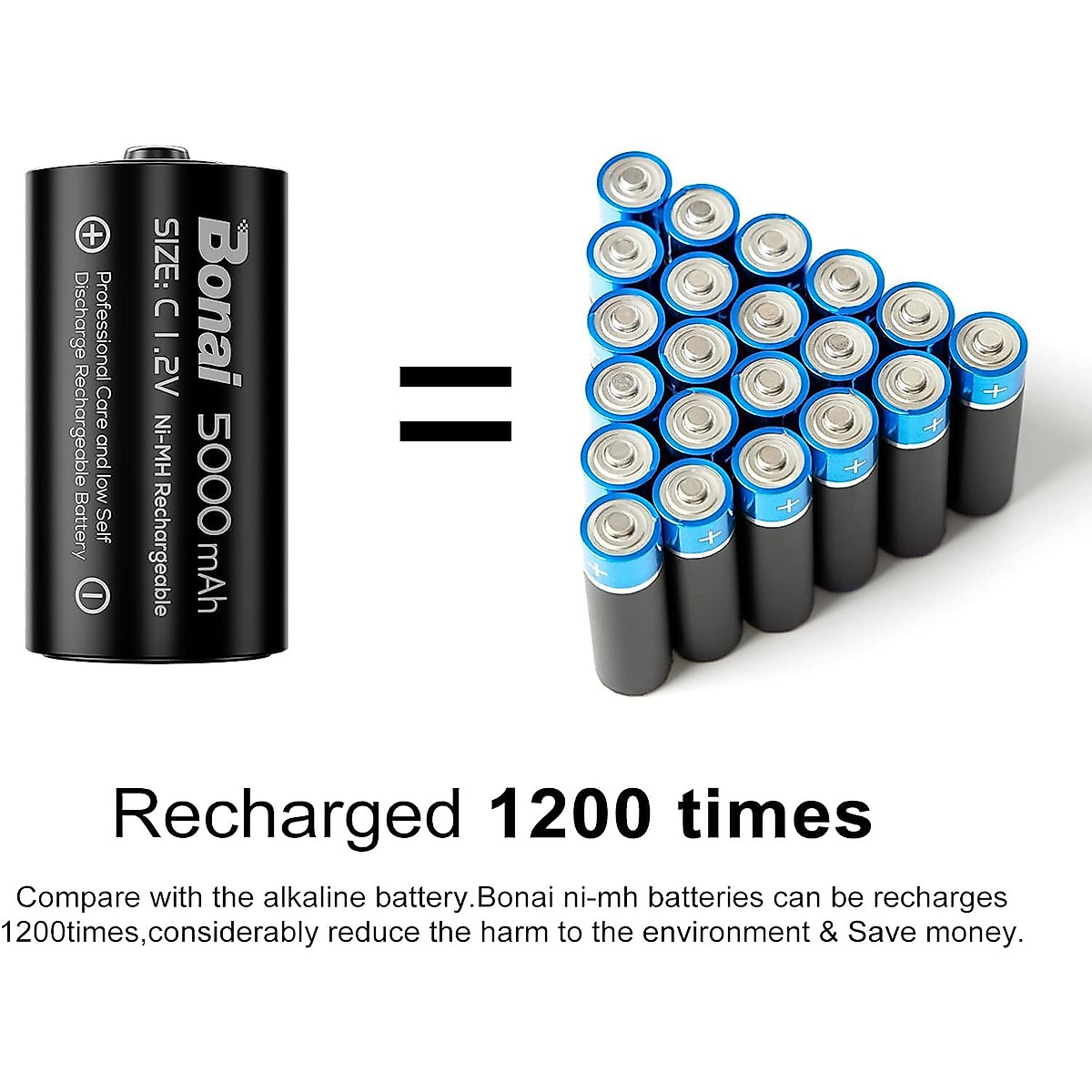 BONAI Rechargeable C Batteries, C Cells 5000mAh 1.2V Ni-MH High Capacity C Size Battery (4 Pack)