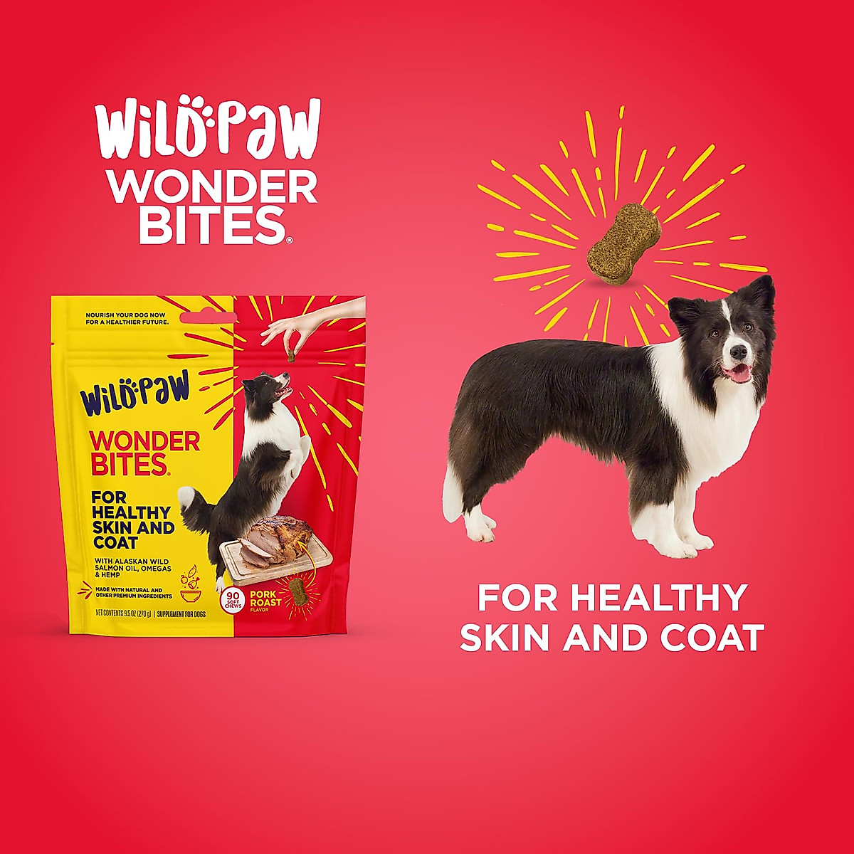 Wildpaw WonderBites for Healthy Skin and Coat - Skin & Coat Health Supplement for Dogs - Salmon Fish Oil Supplement - Hemp Chews for Dogs with Zinc - 90 Soft Chews