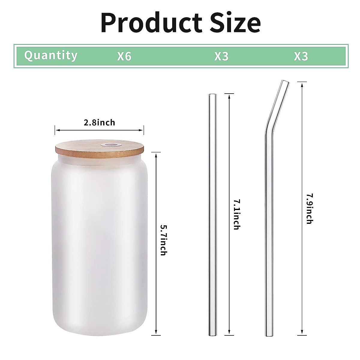 ktondic 6 Pack Sublimation Glass Cans Blanks Frosted, 16 OZ Sublimation Beer Tumblers with Lid and Straws,Frosted Glass CupsIce Coffee Cups for Juice Soda Cocktail