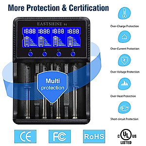 Universal Smart Battery Charger 4 Bay for Rechargeable Batteries NiMH NiCd AA AAA C Li-ion LiFePO4 IMR 18650 21700 20700 26650 14500 16340 18500 10440 18350 RCR123a LCD Display UL Listed