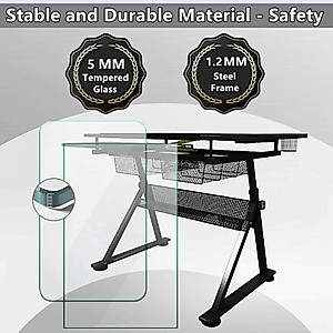 Gagawin Drafting Table with Stool, Height Adjustable Drawing Desk Tempered Glass Art Table Writing Desk with 0-75° Tilting Tabletop for Home Office, No.1-Black