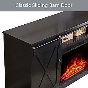 LAGRIMA Fireplace TV Stand, Modern Entertainment Center with 23'' Electric Fireplace Remote Control for TVs Up to 65'', Farmhouse Console Table Barn Door Storage Cabinet for Living Room, Black