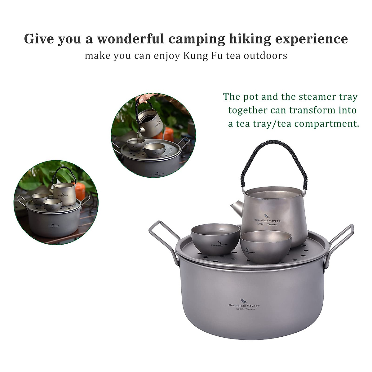 Boundless Voyage Titanium 1900mL Pot and 900mL Fry Pan Set with Steaming Rack and Lid Multifunctional Steamer Stockpot Outdoor Cooking Ultra Light Camping Cookware