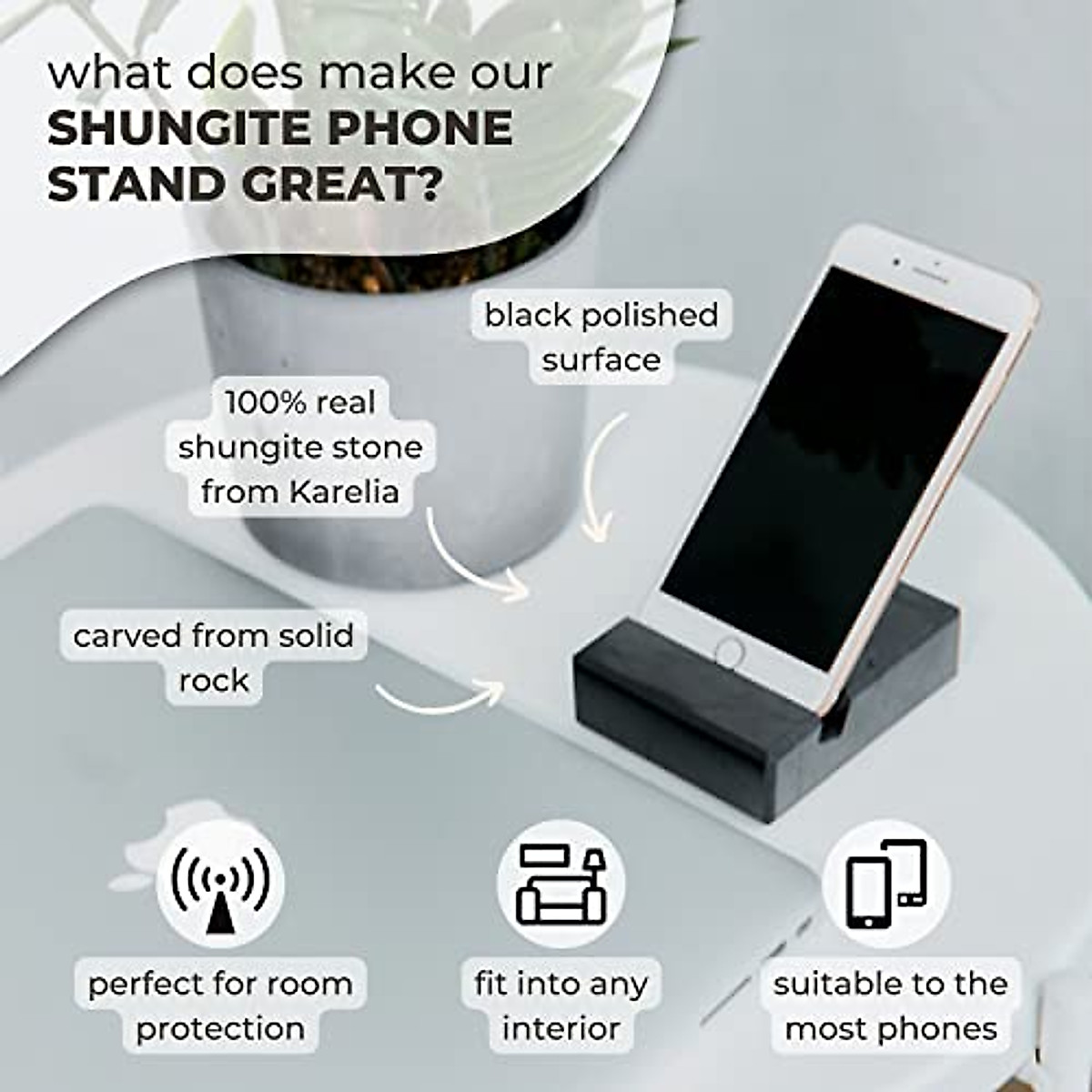 Karelian Heritage Shungite Phone Stand with a Wire Slot | EMF Protection for Cell Phone Plate | Black Shungite Polished 5G Shield Natural Stone Stand | Mobile Phone Protection for Home Office OP24