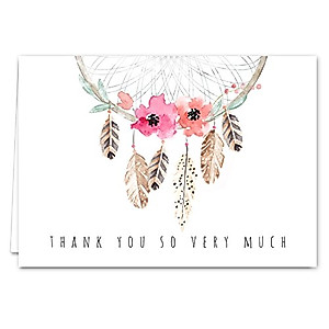 Boho Spirit Thank You Note Cards / 36 Greeting Cards With White Envelopes Set / 6 Floral And Feather Gratitude Card Designs / 3 1/2" x 4 7/8" Thanks Note Cards