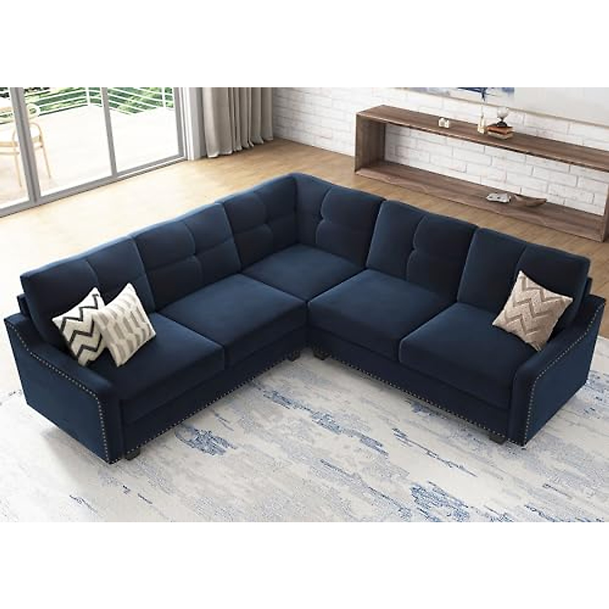 HONBAY Convertible Sectional Sofa L Shaped Couch for Small Apartment Reversible Sectional Couch for Living Room,Velvet Dark Blue