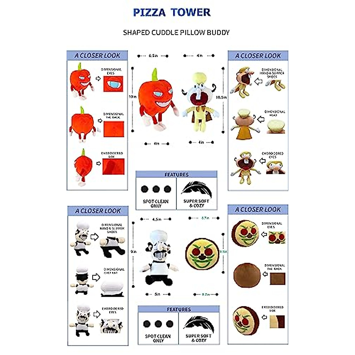 whitewhale 4PCS Pizza Tower Plush, Gift for Game Enthusiasts, Soft Stuffed Dolls for Children and Adults, Birthday for Boys and Girls, Christmas and Easter Basket Filling Selection,