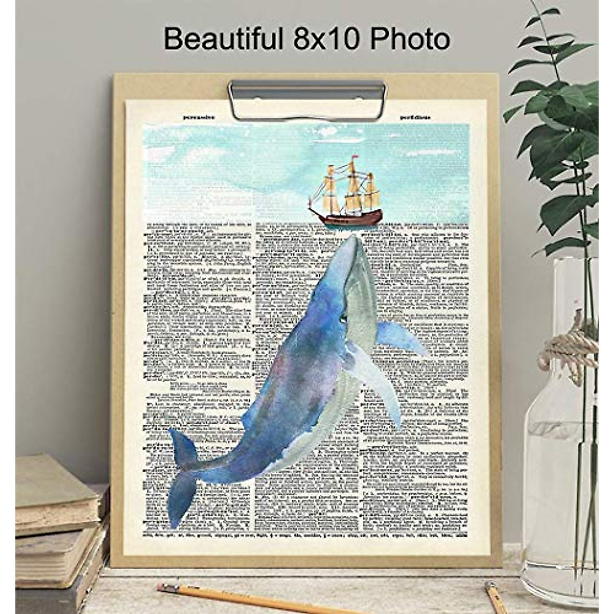 Nautical Whale Dictionary Wall Art - 8x10 Photo, Picture - Ocean, Sea, Beach Home Decor, Shabby Chic Decoration - Unique Gift - Cool Bath, Bathroom Art - Unframed Poster Print