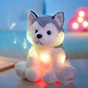 Houwsbaby 12'' Gray Light Up Musical Stuffed Animal Husky Singing LED Dog Glowing Plush Toy Lullaby Animated Soothe Birthday Festival Present for Kids Toddler Girls