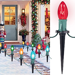 Christmas Pathway Lights Outdoor, 25.7 Feet C9 Christmas Lights with 20 Multicolor Bulbs and Stakes, Connectable Outdoor Christmas Decorations Outside Yard Walkway Sidewalk Holiday