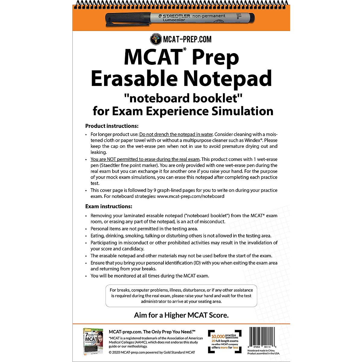 MCAT Prep Erasable Notepad/Whiteboard (noteboard booklet) with Staedtler Marker for Exam Experience Simulation