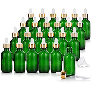 JUVITUS 2 oz / 60 ml Green Glass Boston Round Bottle Luxury Gold Metal Dropper (24 Pack) + Funnel