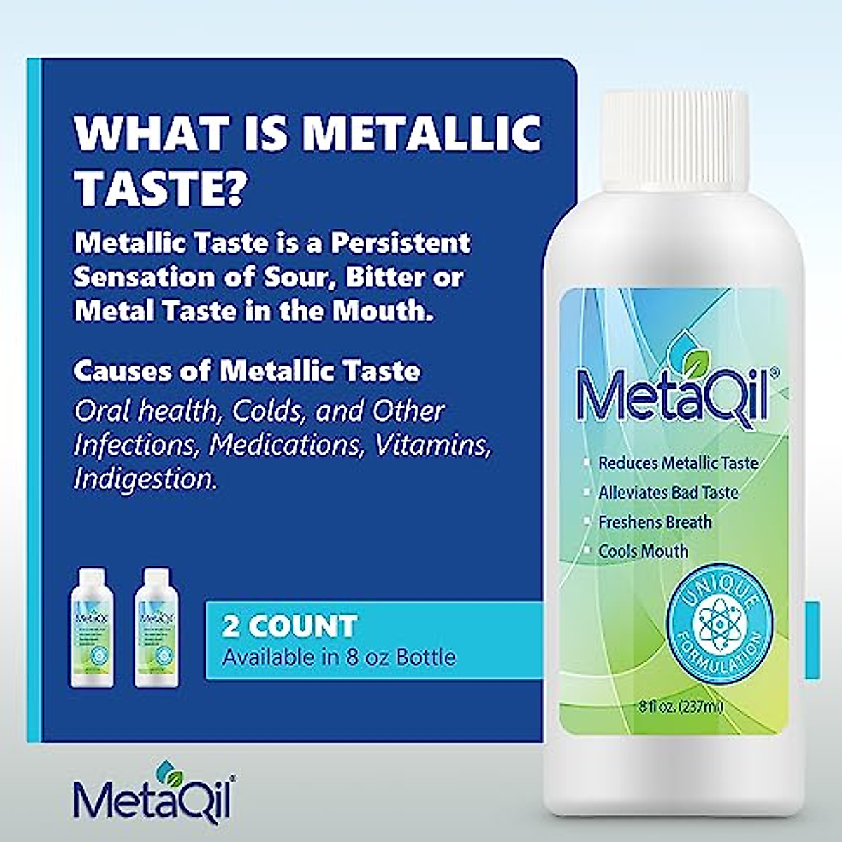 MetaQil Oral Rinse, Relieve Metallic, Bitter and Other Taste Disorders, Made from Natural Ingredients, Cools and Freshens Breath, 8 oz Bottle, 2 Count. Contains A Free Ilios Travel Cup