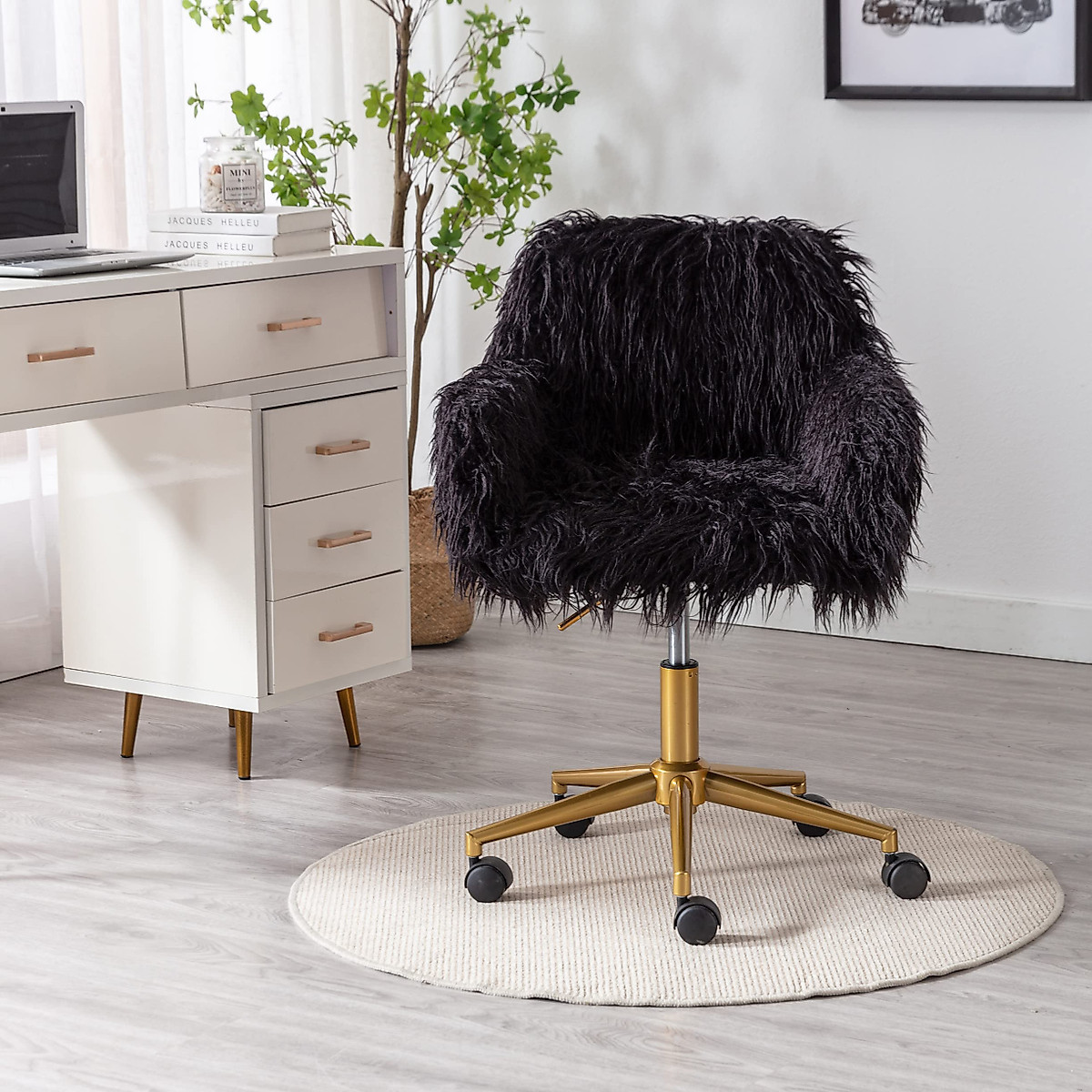 Goujxcy Fluffy Desk Chair, Faux Fur Swivel Home Office Chair Height Adjustable Vanity Accent Chair for Girls Women, Modern Cute Furry Makeup Chairs for Bedroom Living Room, Black
