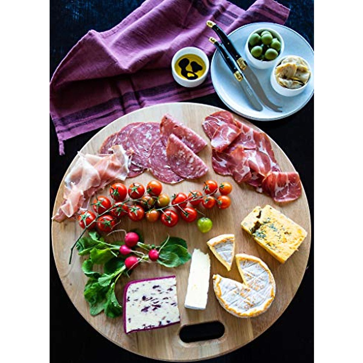 LUX American Oak Wood Diameter 19 inches Oversized Charcuterie Board | Large Cheese Board | Serving Board With Handle for Serving Cheeses, Meats, Crackers, and Wine | Unique Gift (Round Cutting Board)