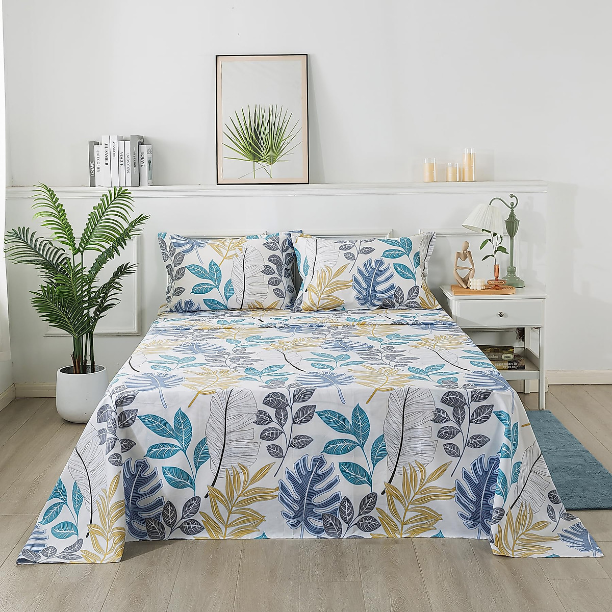 Lemfux Twin Sheet Sets 4Pcs,100% Cotton Palm Leaf Print Plant Luxury White Bed Sheet Sets, Deep Pocket Fitted Sheet Set, Ultra Soft Flat Sheet Set for All-Season Bed Sheets Twin