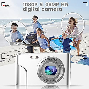 Digital Camera, HUMIDIER FHD 1080P 36MP 16X Digital Zoom Mini Vlogging Video Camera with Battery Charger, Compact Portable Cameras Point and Shoot Camera for Kids,Teens,Beginners (Silver)