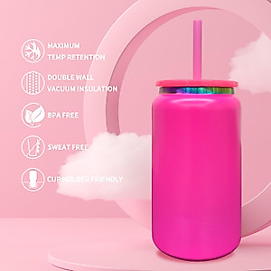 Glass Cups with Lids and Straws, 16 oz Stainless Steel Cups, Insulated Skinny Tumbler, Powder Coated Travel Mugs for Laser Engrave, Iced Coffee Cup for Smoothie Water DIY Gift (Rosy,1 pack)