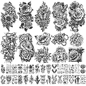 40 sheets Waterproof Temporary Tattoos Flowers Rose Butterfly Fake Tattoo Mix Style Lasting Body Art Tattoo Stickers for Women or Girls