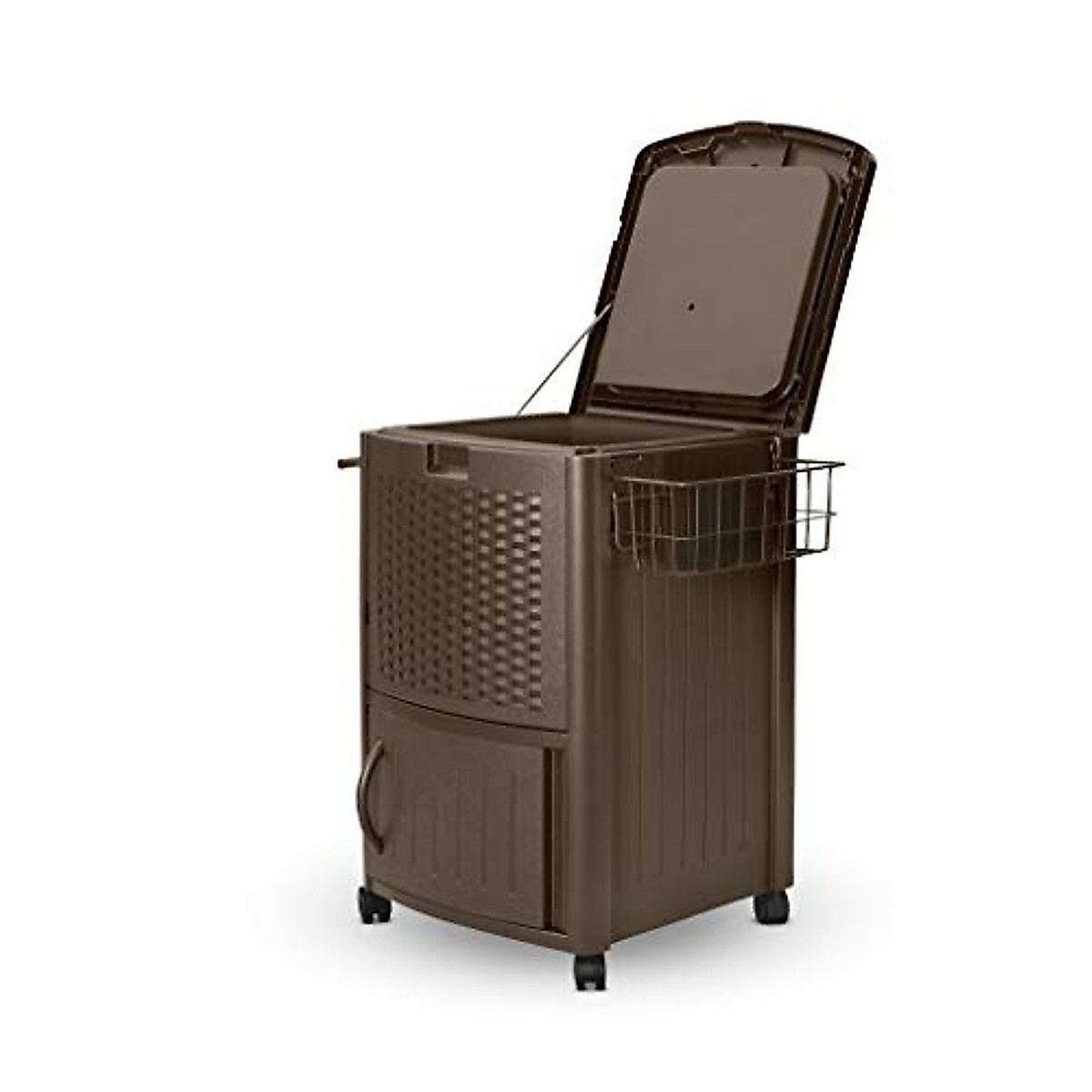 Suncast Resin 77 Quart Wicker-Look Outdoor Patio Cooler with Wheels, Dark Brown