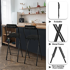 Thyle 1 Pcs Folding Bar Stool with Backrest, Tall Foldable Stool Chair Portable High Folding Bar Chair Counter Height Seat Leather Padded for Kitchen Island Shop Cafe Dining Room Black (27.5 Inch)