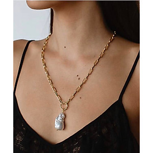 Baroque Pearls Pendant Necklaces Freshwater Cultured Pearls Necklace Pendant 18K Gold Paperclip Chain Necklaces 22inch for Women Vintage Jewelry