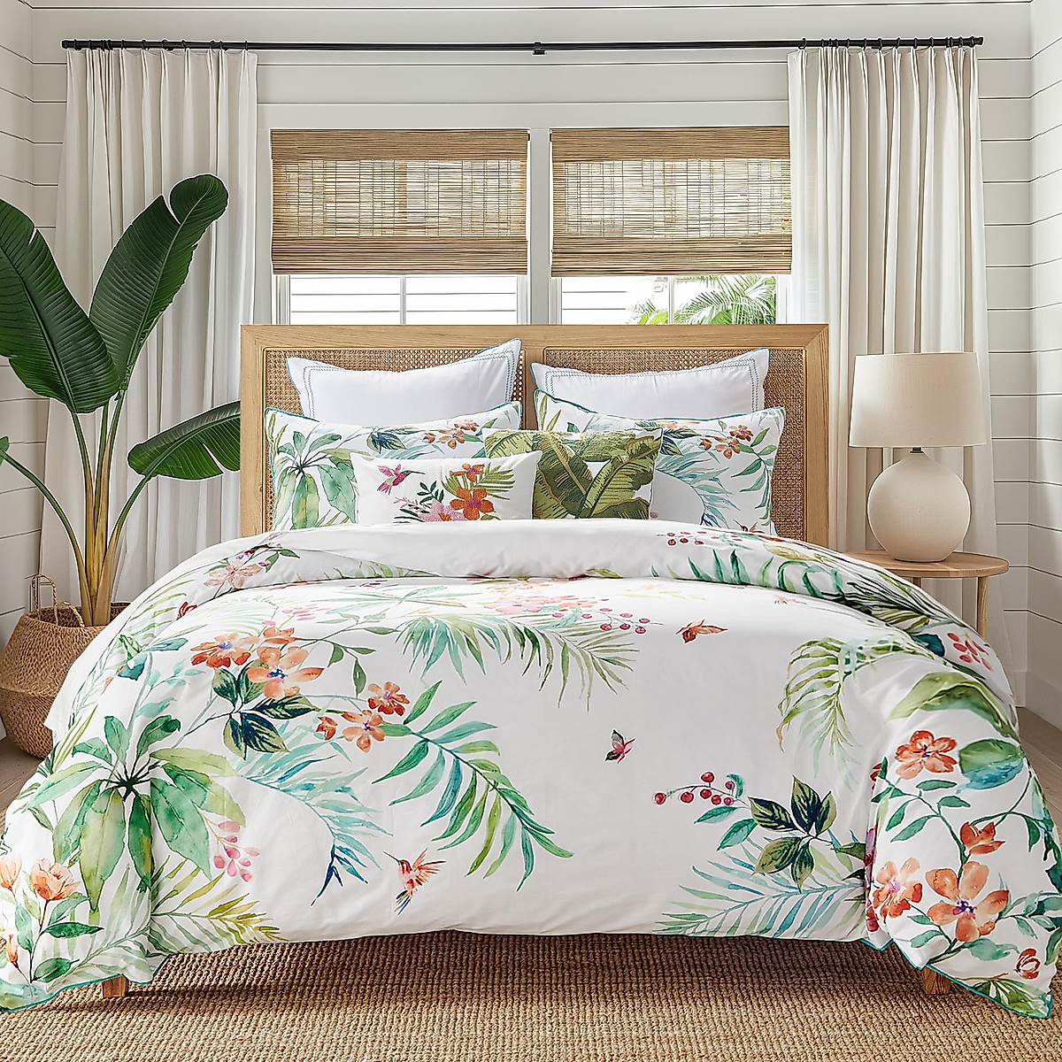 Levtex Home - Hummingbird Grove Duvet Cover Set - King Duvet Cover (106 x 94in.) + Two King Pillow Cases (36 x 20in.) - Green, Teal, Coral, Fucshia and White - Cotton
