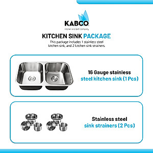 KABCO 32 Inch Stainless Steel Double Equal Bowl Classic Kitchen Sink, Extra Thick 16 Gauge Undermount Rust, Sound and Heatproof Sink with Sink Strainer and Removable Garbage Basket