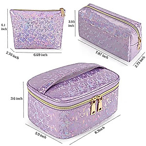 Lubardy Makeup Bag Leather Cosmetic Bag Waterproof Makeup Pouch Portable Makeup Travel Bag Multifunctional Cosmetic Organizer Bag for Women, 3-Pack, Purple