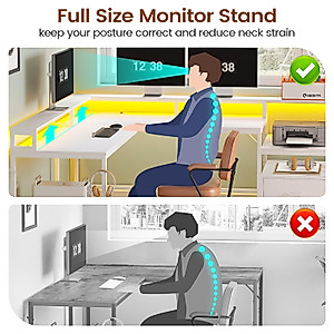 SEDETA White L Shaped Gaming Desk, 66" Home Office Desk with File Drawer, Power Outlet and Led Lights, Corner Computer Desk with Monitor Shelf, Printer Storage Shelves, for Two Person