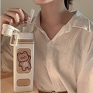 JQWSVE Kawaii Bear Water Bottle with Straw and Sticker, 24 oz Portable Square Drinking Bottle