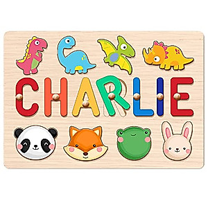 BeneCharm Personalized Name Puzzle for Kids 1st Birthday Gifts for Girls&Boys Engraved Text Greetings on Back Custom Wooden Name Signs with pegs Personalized Baby Gifts