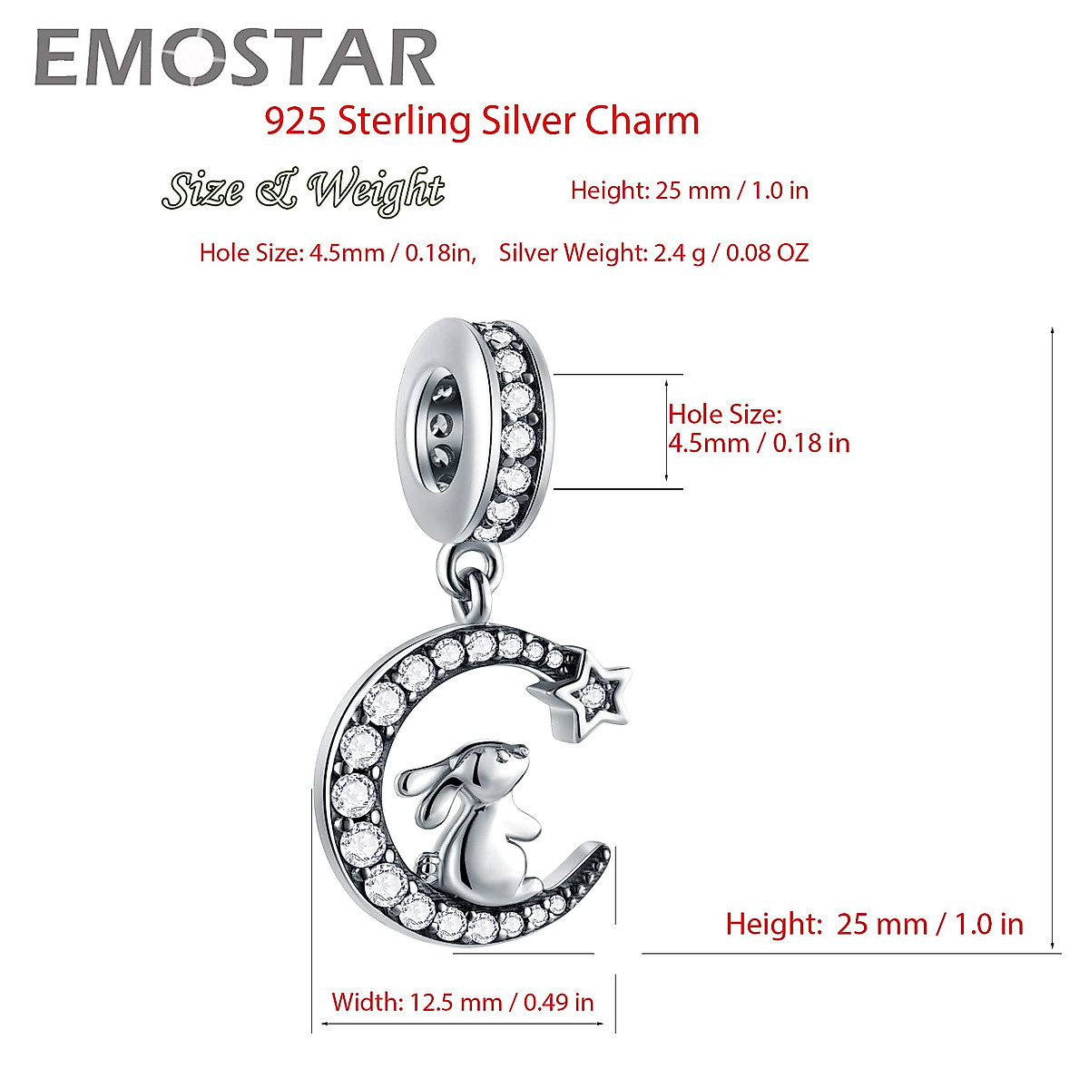 Rabbit on Crescent Moon Pendant Charms, fits Pandora Easter Bracelet, 925 Sterling Silver Bunny Animal Dangle Beads with CZ Moon Star, Gift for Christmas/Birthday/Pet Lover