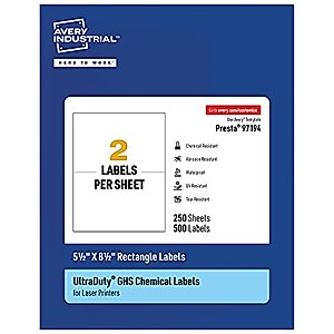 Avery UltraDuty GHS Labels, Waterproof, 5.5 X 8.5 Inch Rectangle Printable Labels, Pack of 500 White Labels for Use with Laser Printers