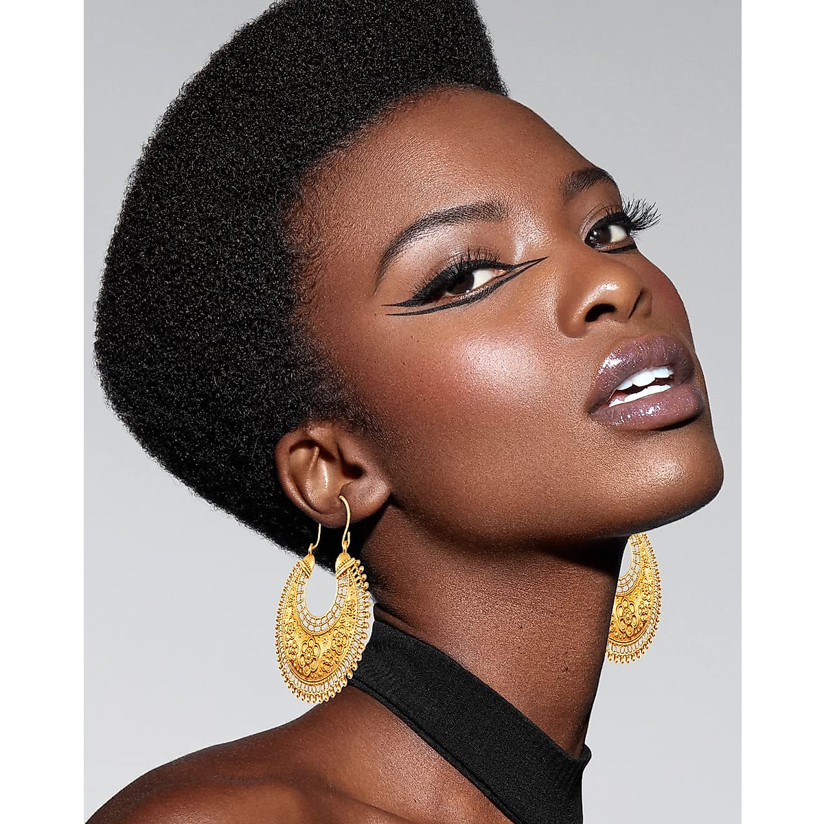 Touchstone Indian bollywood pretty fringes and floral theme ethnic south Indian chandbali moon bridal designer jewelry chandelier earrings for women in antique gold tone.