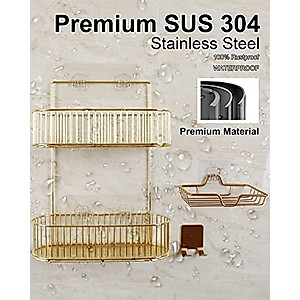 THCOFUUD No Drilling Shower Caddy, 3 Pack Rustproof Stainless Steel Organizer With Soap Holder & 2 Razor Hooks, Wall Mounted Shelves, Adhesive Rack, Large Capacity Basket for Storage, Gold Decor