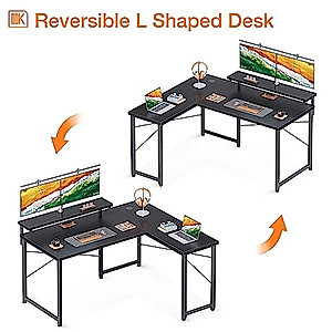 ODK L Shaped Desk with Monitor Stand, 53 inch Reversible Computer Desk, Corner Desk Home Office Desk, Writing Desk Gaming Desk, Black
