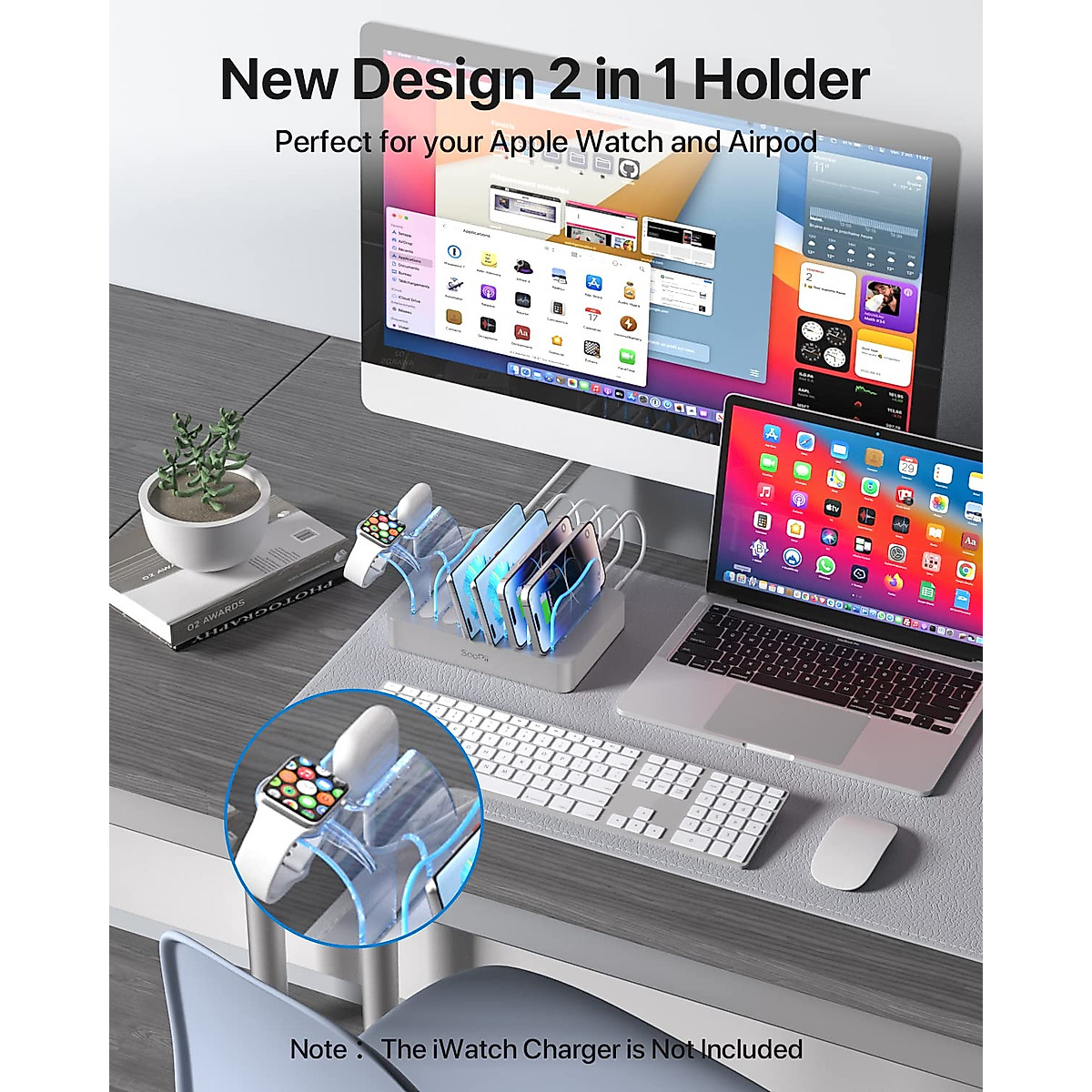 SooPii Premium 6-Port USB Charging Station Organizer for Multiple Devices, 6 Short Charging Cables and One Upgraded i-Watch Charger Holder Included, for Phones,Tablets and Other Electronics, Silver