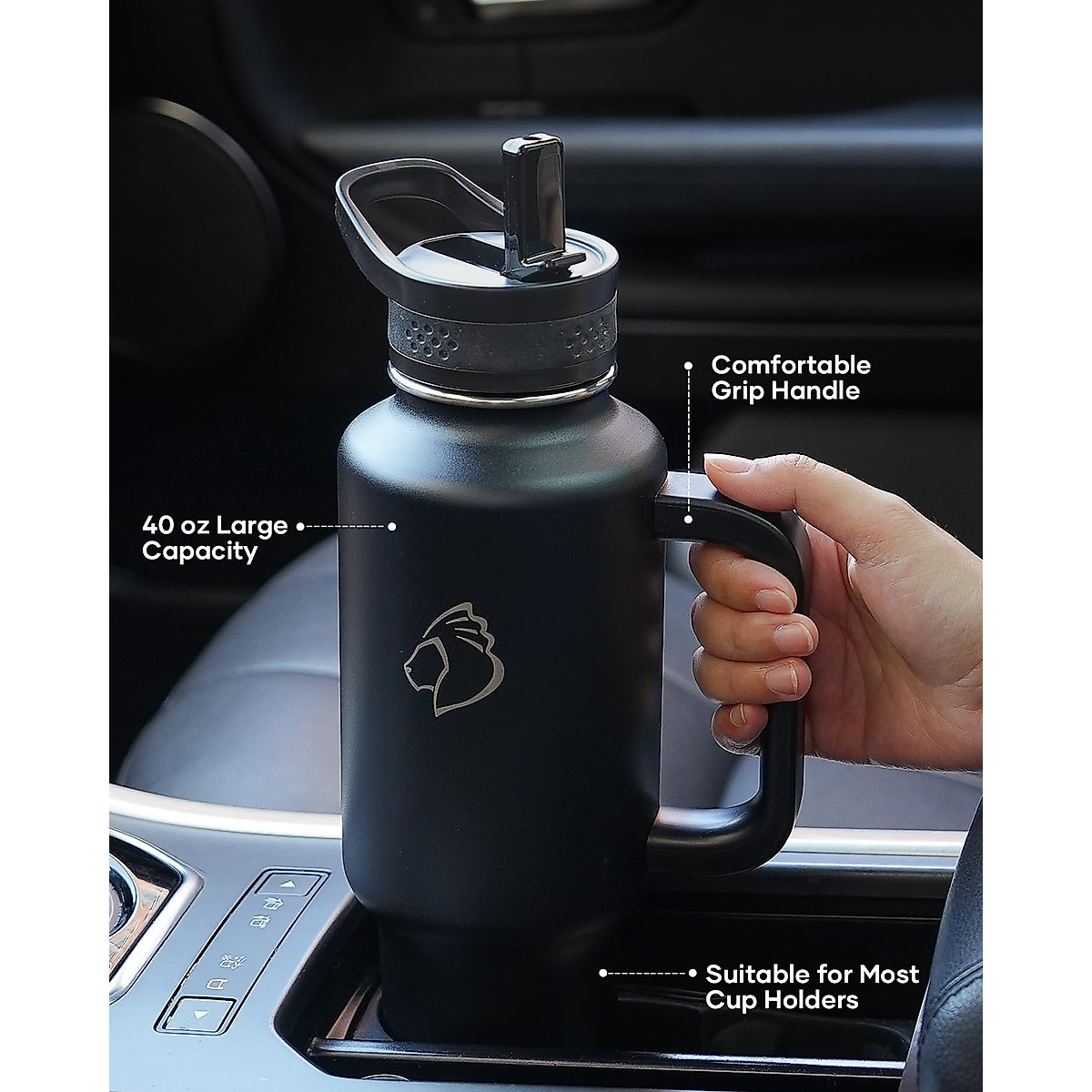 BUZIO Insulated Water Bottle with Handle & Flip Straw, 40oz Metal Travel Tumbler Fits in Cup Holders, Dishwasher Safe Leakproof Reusable Sport Mug, Gift for Women & Men, Keep Cold for 48hrs, Black