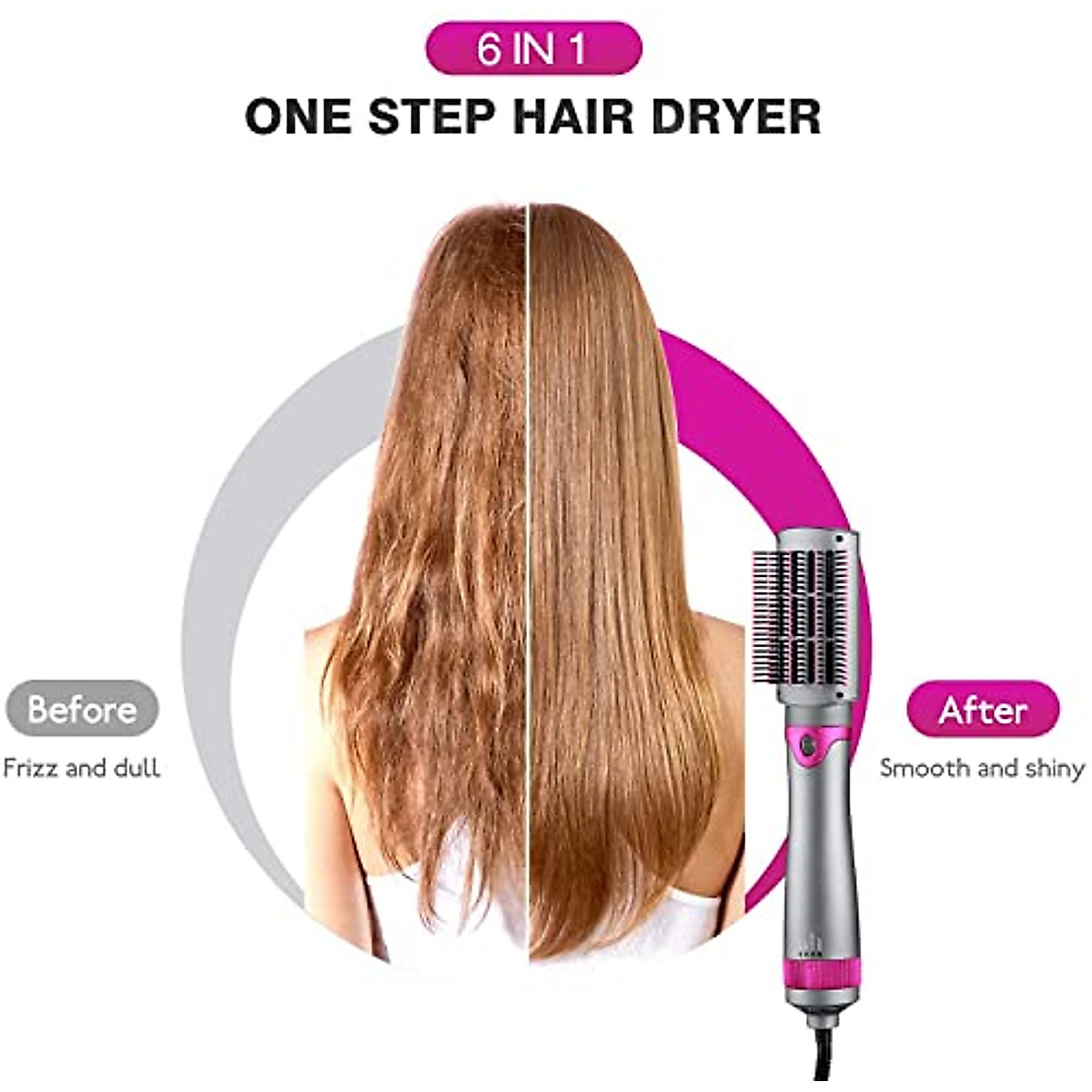 6 in 1 Hair Dryer Brush and Volumizer, Detachable Hair Dryer Styler, One-Step Hot Air Brush for Straightening Curling Drying Combing Styling