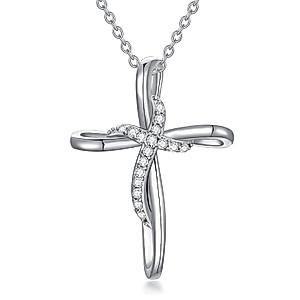 SISGEM S925 Sterling Silver Cross Necklace with Diamond for Women Teen Girls, Double Cross Pendant Necklace Natural Diamond Jewerly Gifts for Birthday Mothers Day 18+2 inch (Sterling Silver- White)