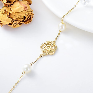 FENCCI Solid 14K Gold Rose Anklet for Women, Real Gold Rose Flower Pearl Anklets Bracelets for Women Foot Jewelry Mothers Day Gift for Mom Her Wife, 8+1+1 Inch