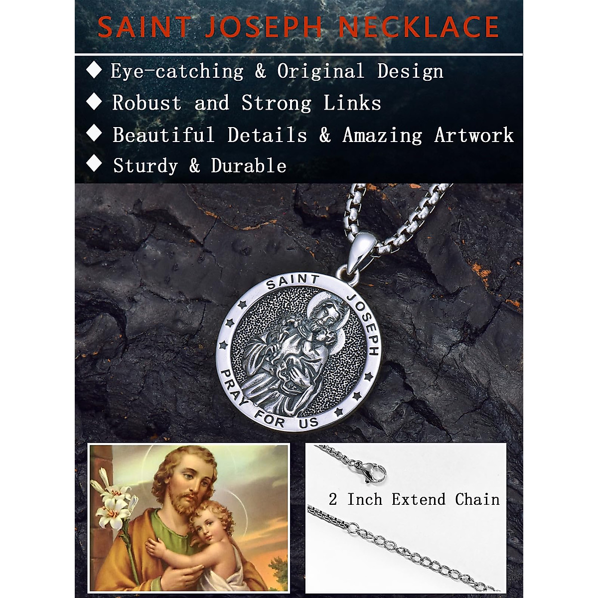 Seiyang St Joseph Necklace for Men 925 Sterling Silver Saint Joseph Medal Pendant Patron Amulet Joseph Medallion Jewelry Protection Gift for Women Father Son