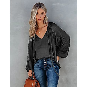 Chigant Women's Sexy Satin Shirts Silk V Neck Long Sleeve Casual Blouses Business Casual Tops Plus Size Black X-Large