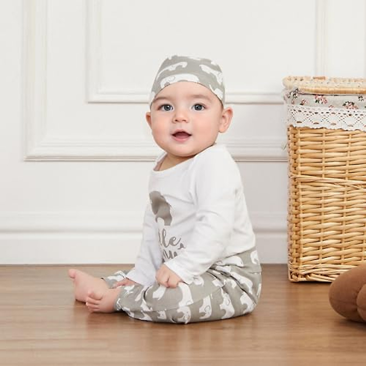 Rarjuiey 3Pcs Newborn Baby Boy Girl Elephant Outfits Long Sleeve Little Peanut Romper Bodysuit+Pants+Hat