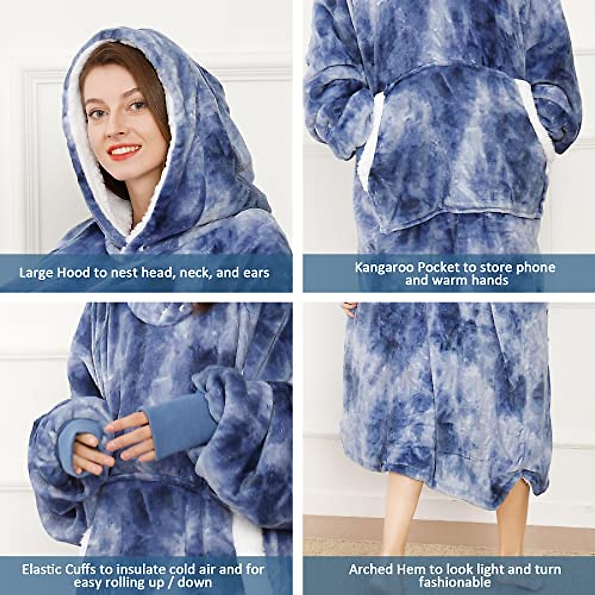 Drewin Wearable Blanket Sweatshirt for Women Men, Oversize Sherpa Fleece Blanket Hoodie with Huge Pocket & Elastic Sleeves, Fuzzy Warm Flannel Hooded Blanket for Adult Winter Gift, Blue&White