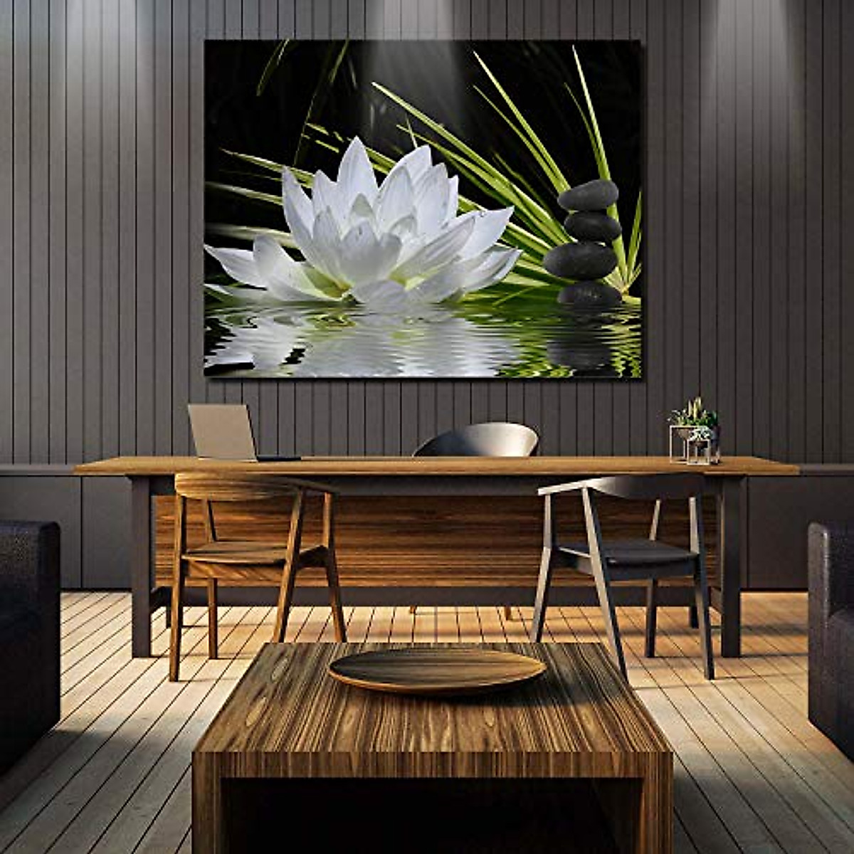 Canvas Wall Art - White Lotus and Black Zen Stones Picture - Modern Wall Decor Gallery Canvas Wraps Giclee Print Stretched and Framed Ready to Hang - 16" x 24"
