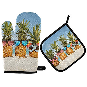 Oven Mitts Pot Holders Sets - Pineapples Stylish Sunglasses Hot Gloves Hot Pads Non-Slip Potholders for Kitchen BBQ Baking