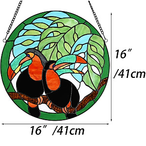 Bieye W10070 Pair of Toucans in The Swiss Cheese Plant Tiffany Style Stained Glass Window Panel, Round Shape, 16 inches Wide