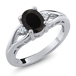 Gem Stone King 925 Sterling Silver Black Onyx 3 Stone Engagement Ring For Women | 1.31 Cttw | Oval 8X6MM | Round 2MM | Gemstone Birthstone | Available in Size 5,6,7,8,9